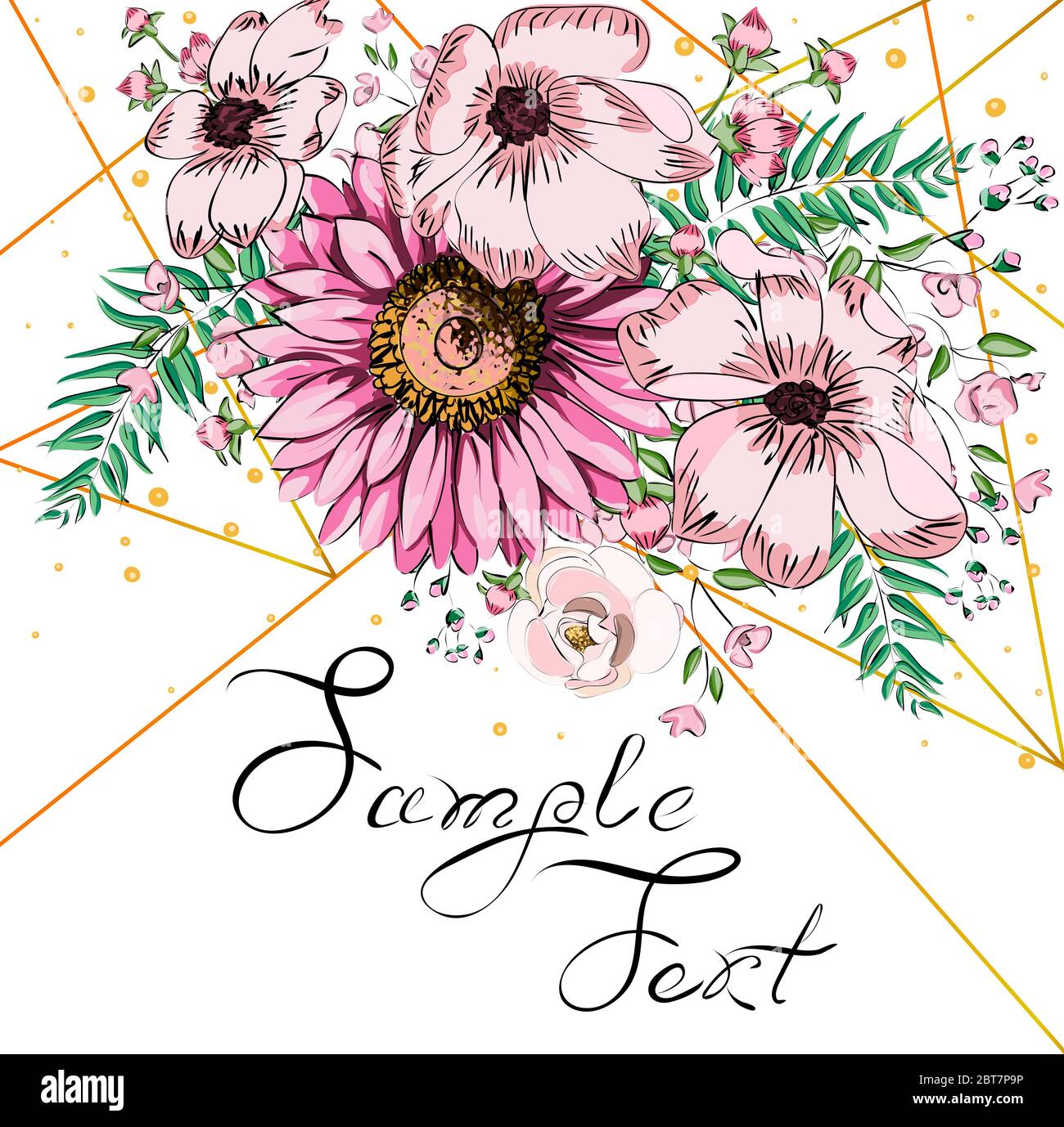 Wedding invite, invitation card design with pink field flowers, green ...