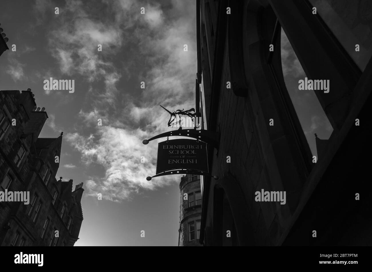 Unicorn sign for the Edinburgh School of English in Old Town Edinburgh ...