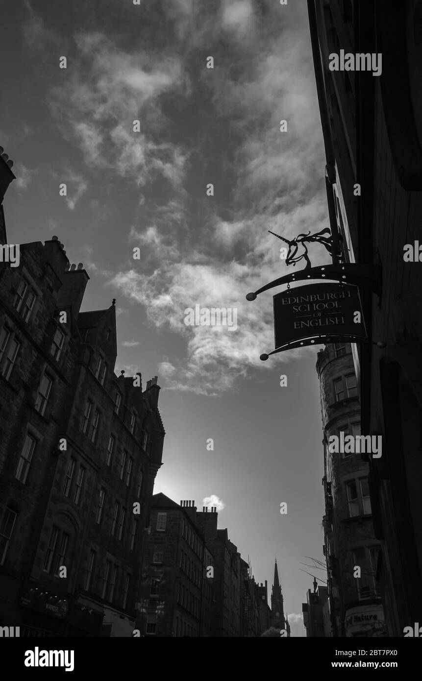 Unicorn sign for the Edinburgh School of English in Old Town Edinburgh ...