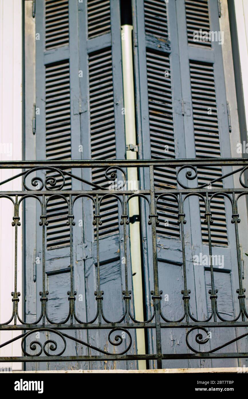 Athens Greece September 12, 2019 Closeup of a balcony on a facade of a ...