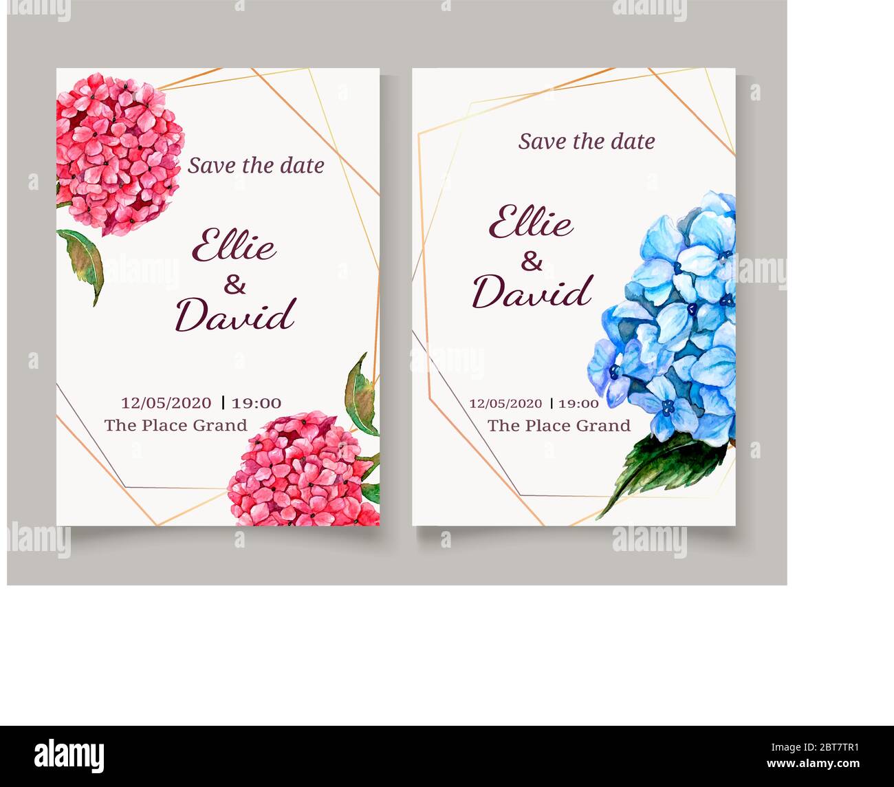 Save the date vector watercolor wedding invitation card frame with beautiful hydrangeas on white ...