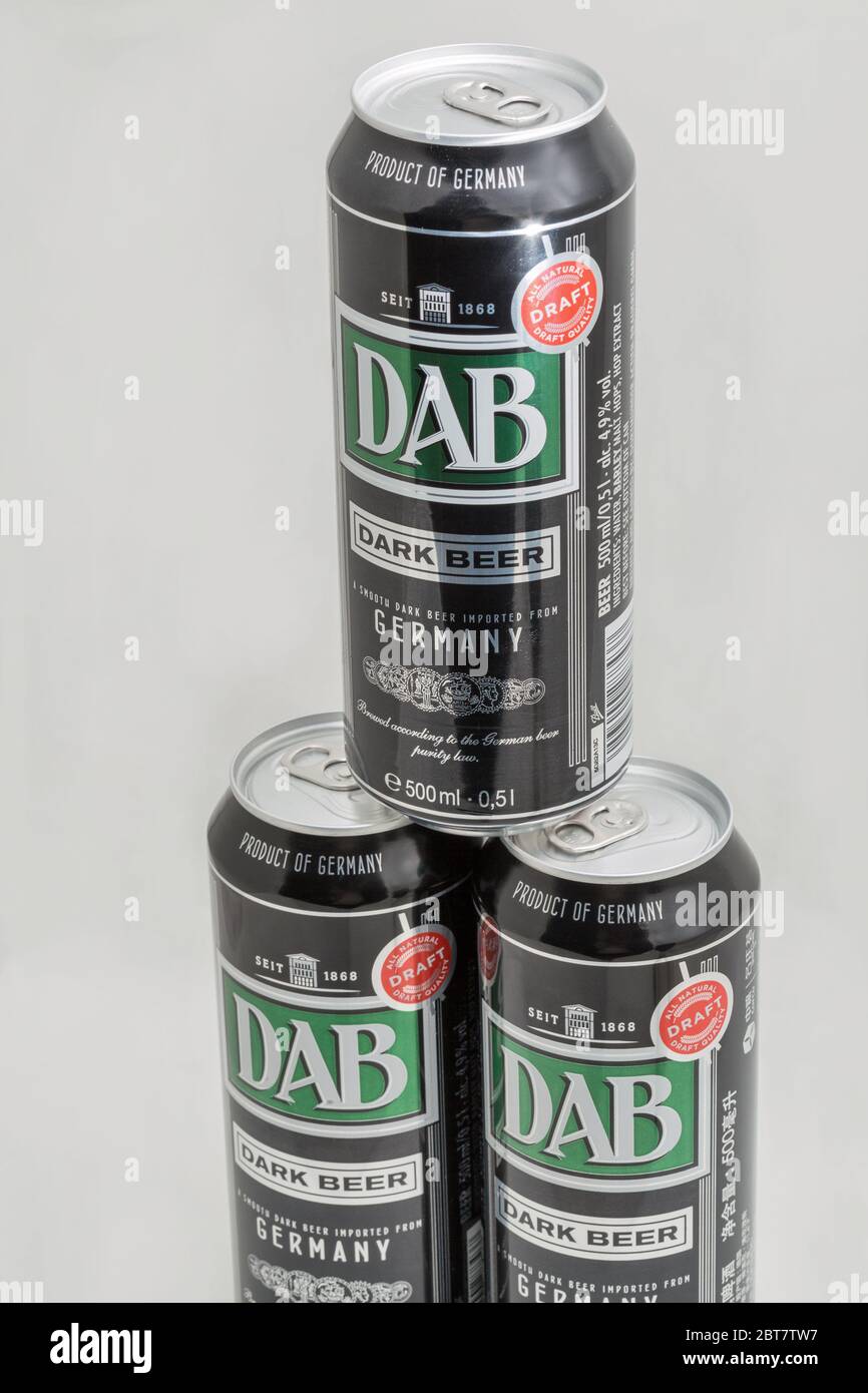 KYIV, UKRAINE - DECEMBER 31, 2019: DAB dark German beer cans closeup ...