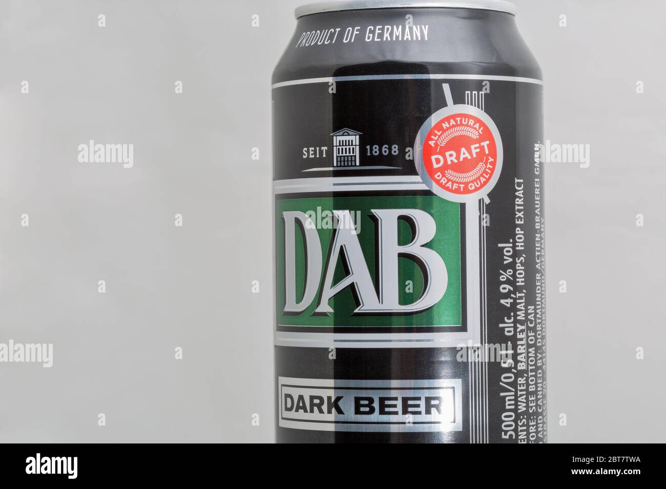 KYIV, UKRAINE - DECEMBER 31, 2019: DAB dark German beer can closeup ...