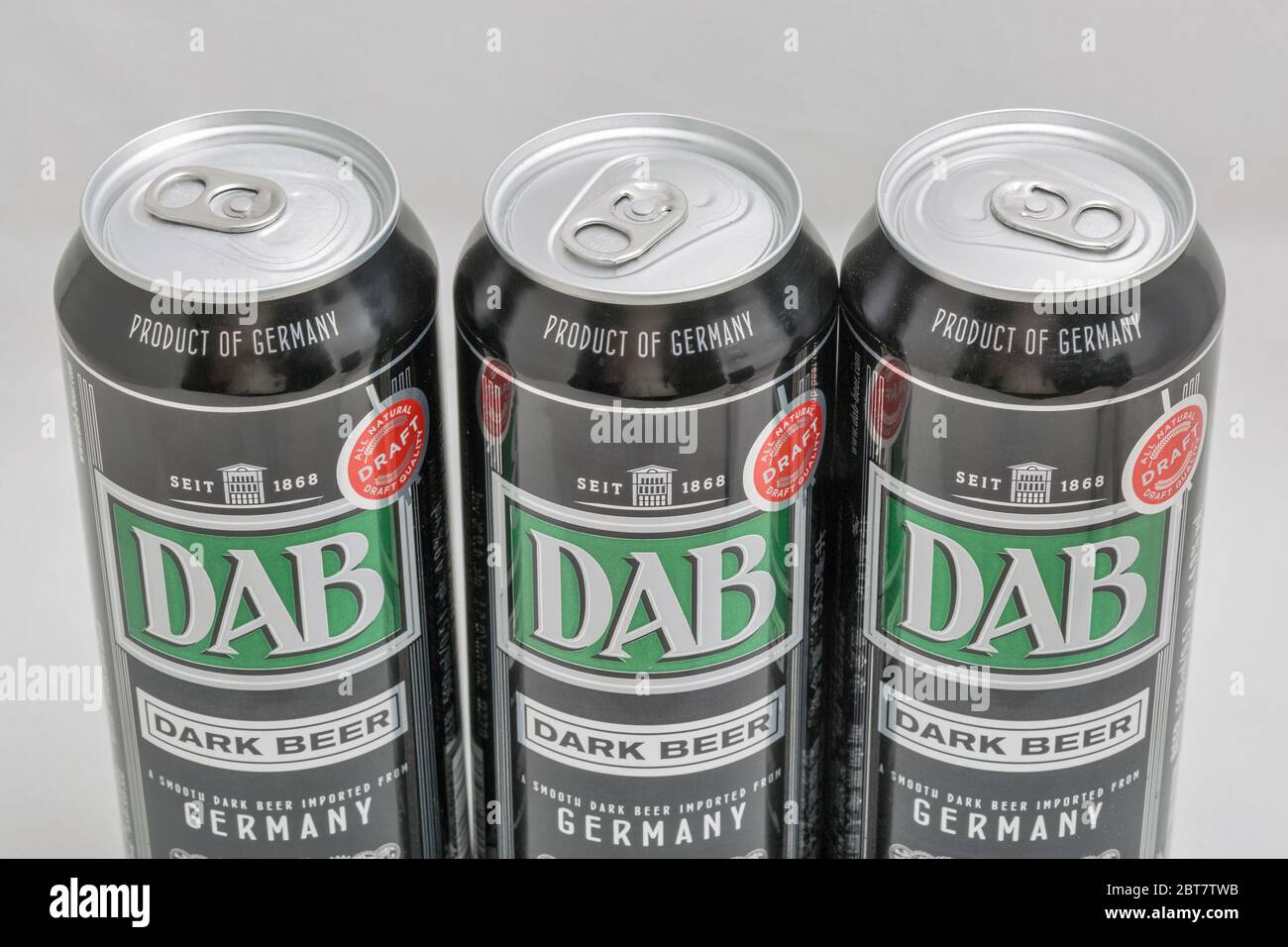KYIV, UKRAINE - DECEMBER 31, 2019: DAB dark German beer cans closeup ...
