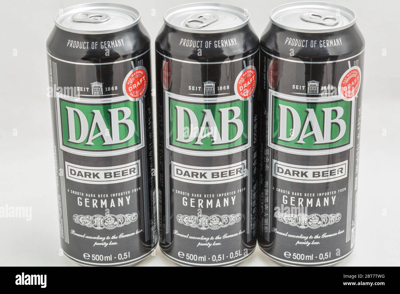 KYIV, UKRAINE - DECEMBER 31, 2019: DAB dark German beer cans closeup ...