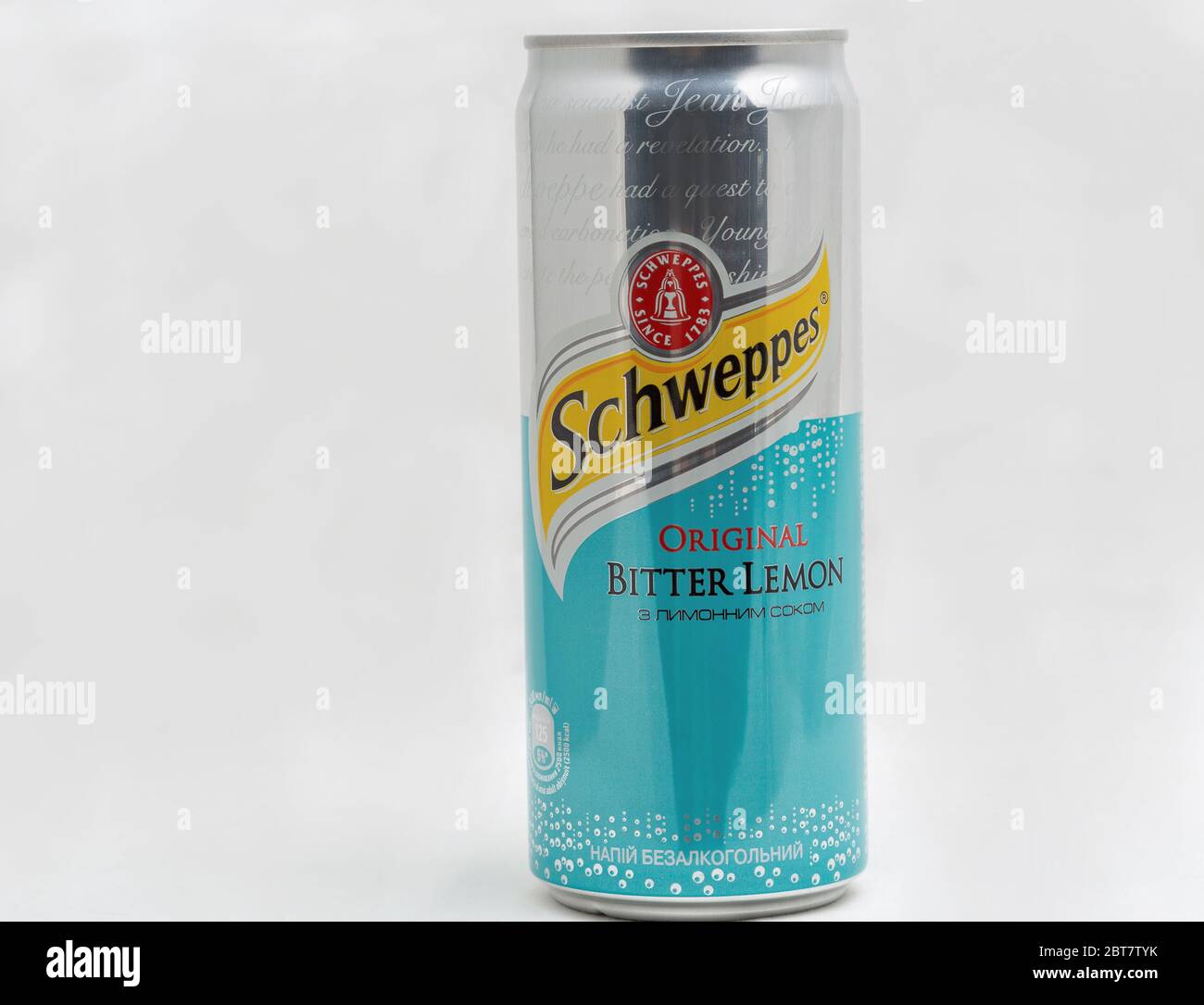 KYIV, UKRAINE - DECEMBER 31, 2019: Schweppes Bitter Lemon Original can ...