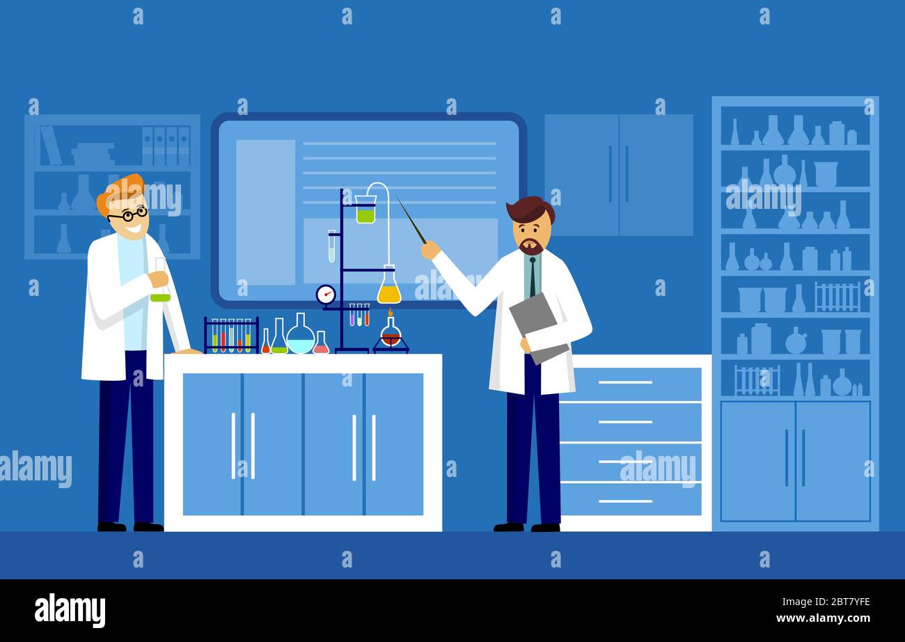 Illustration of scientists two men working at science lab Stock Vector ...