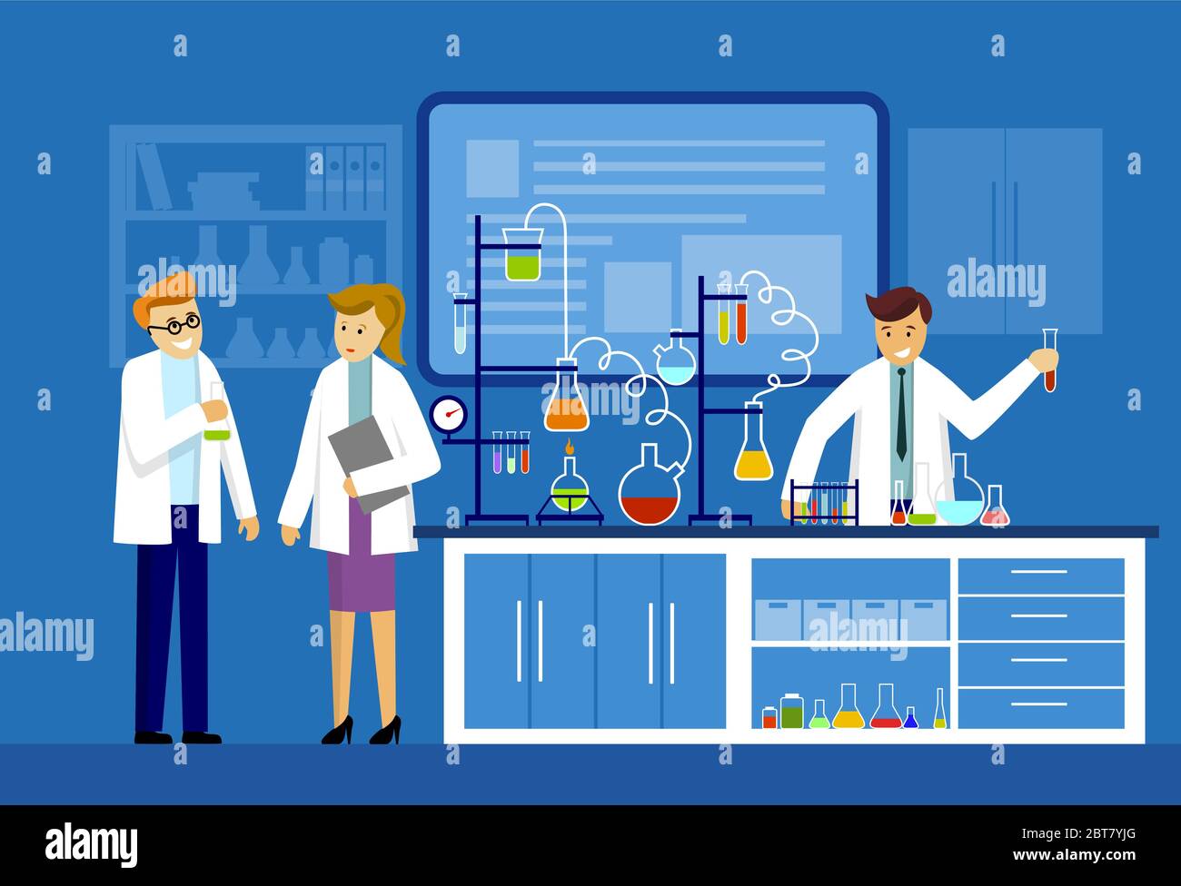 Illustration of scientists two men and woman at science lab Stock ...