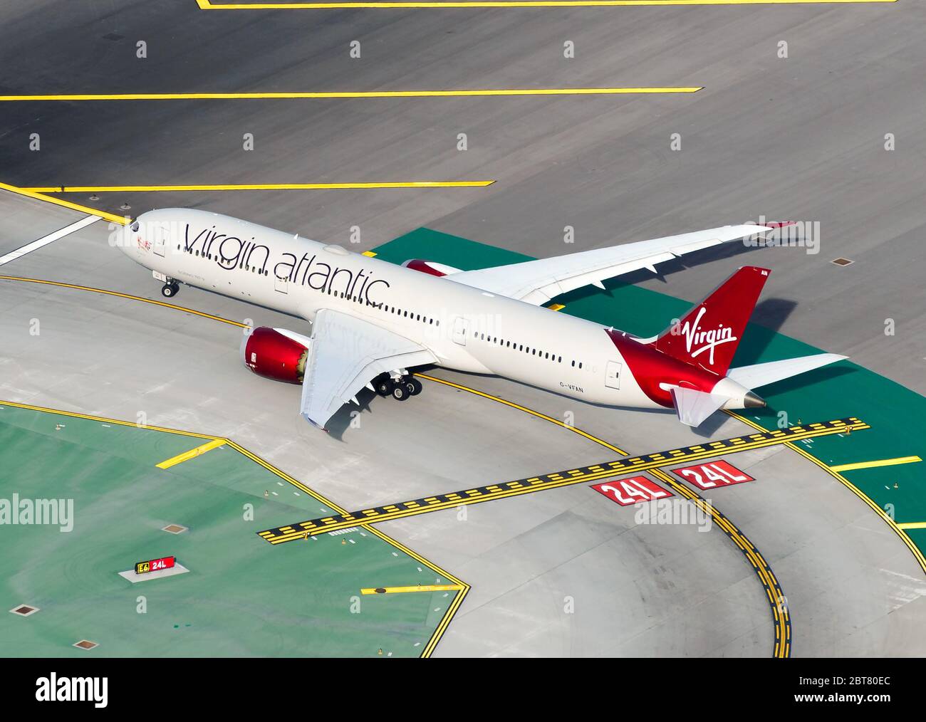 Virgin Atlantic aircraft Boeing 787 Dreamliner aerial view. Airplane at ...