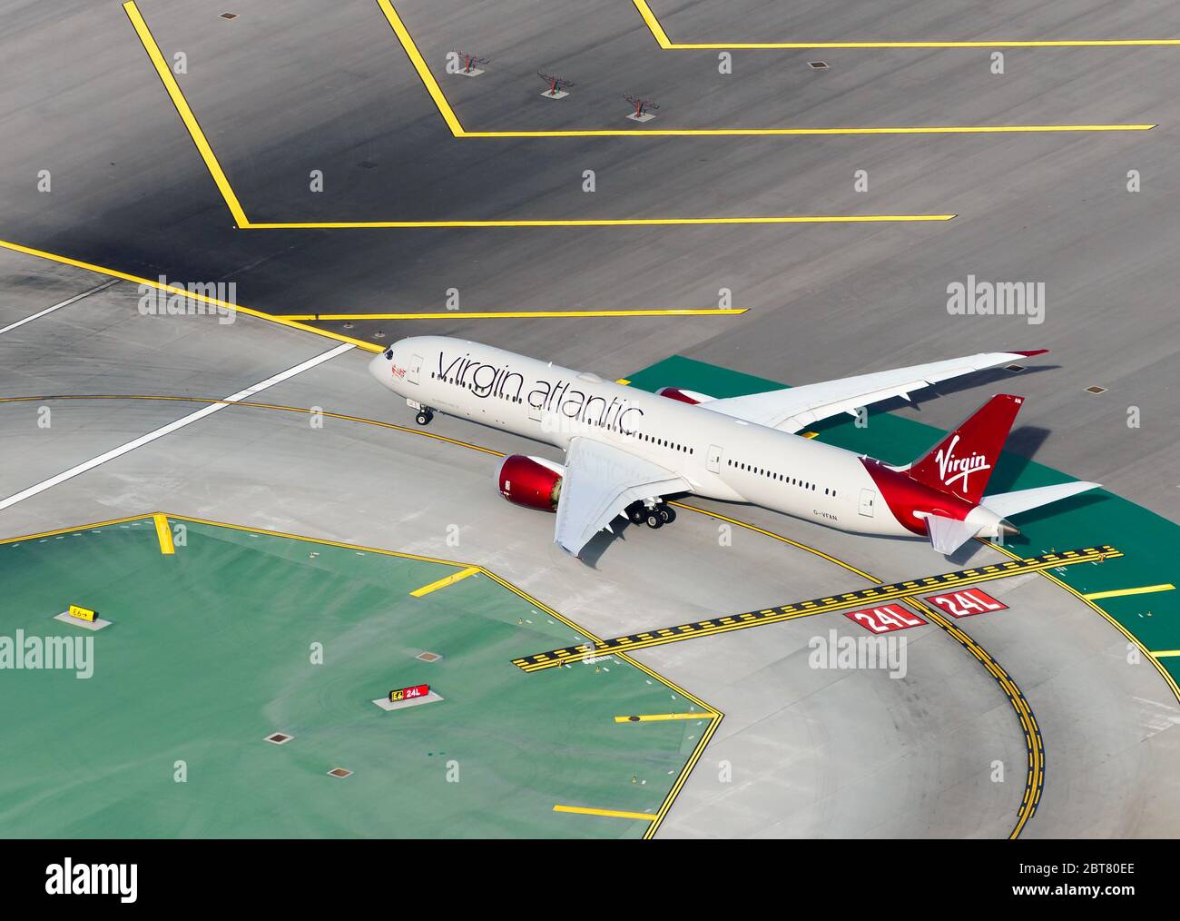Virgin Atlantic aircraft Boeing 787 Dreamliner aerial view. Airplane at ...