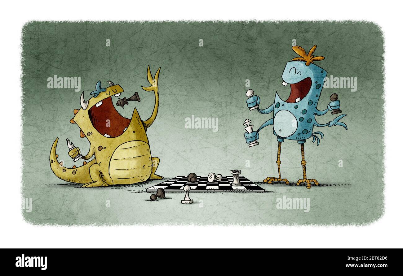 illustration of two funny monsters playing chess and one is putting a ...