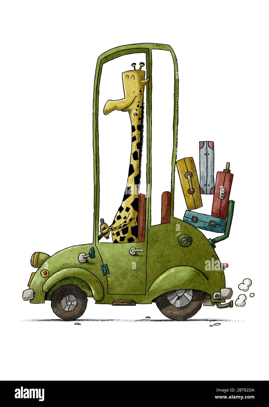 funny illustration of a giraffe driving a green old car. isolated Stock ...