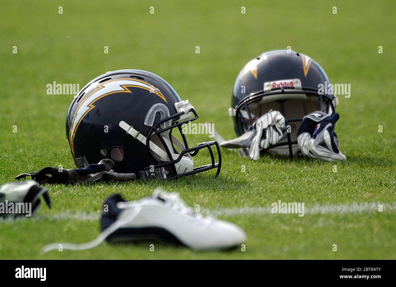 Carson, United States. 11th Aug, 2003. San Diego Chargers helmets at ...