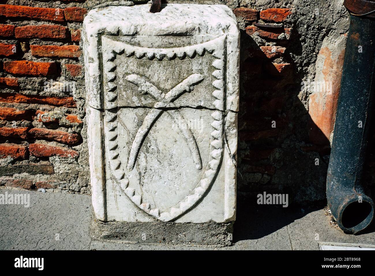 Sutri Italy September 27, 2019 Closeup of archaeological decorative ...