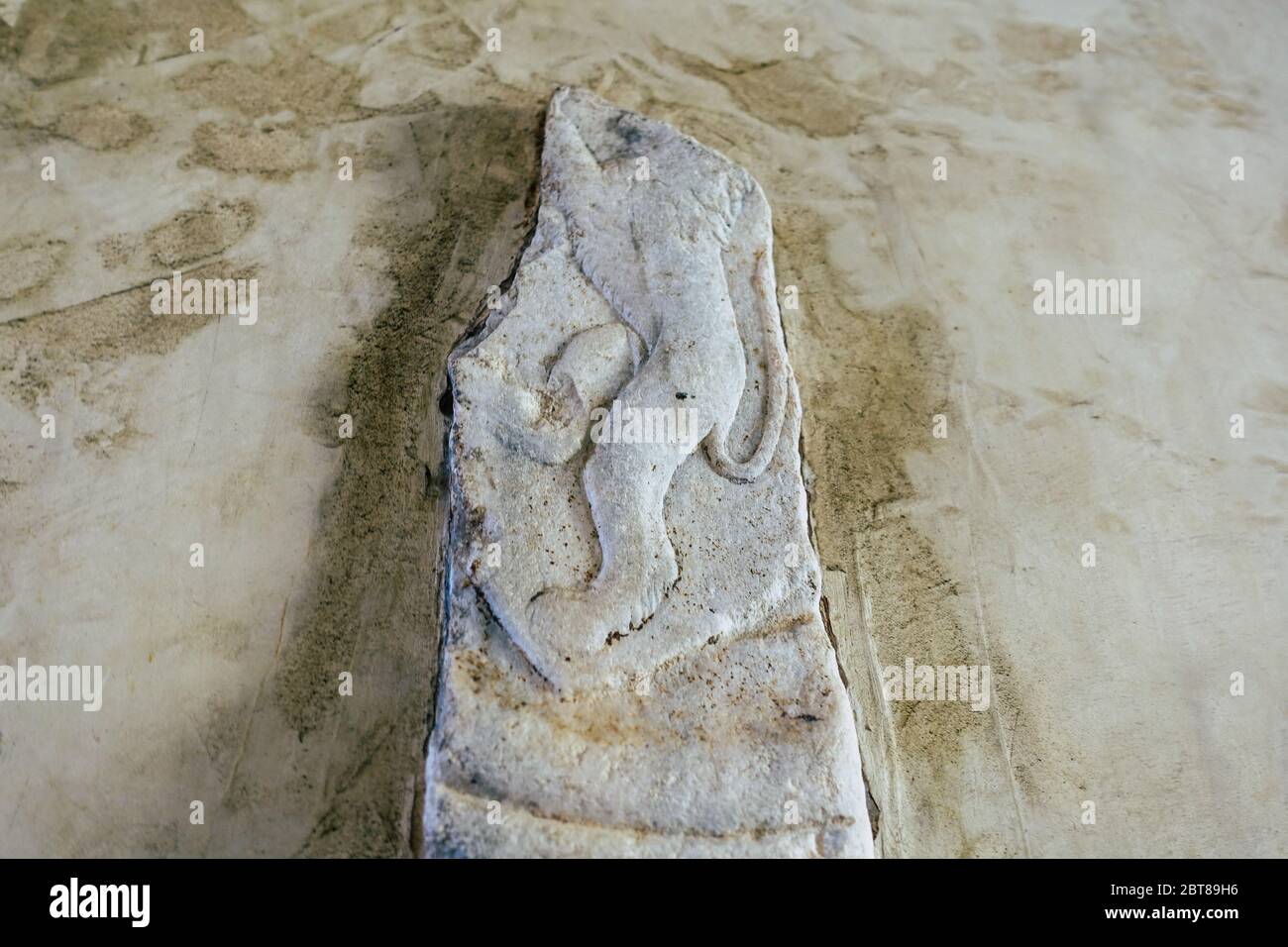 Sutri Italy September 27, 2019 Closeup of archaeological decorative ...