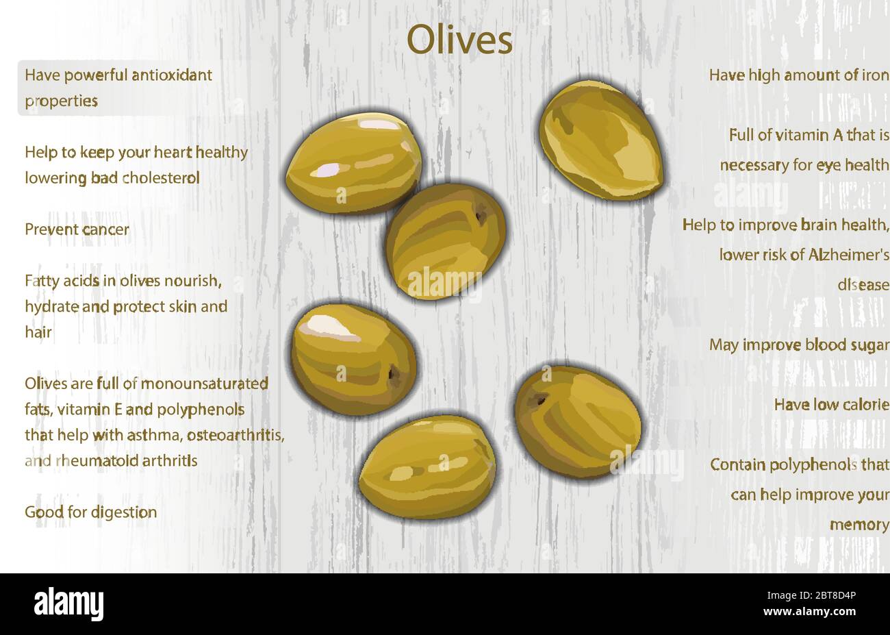 Olives health benefits infographics on wooden background Stock Vector ...