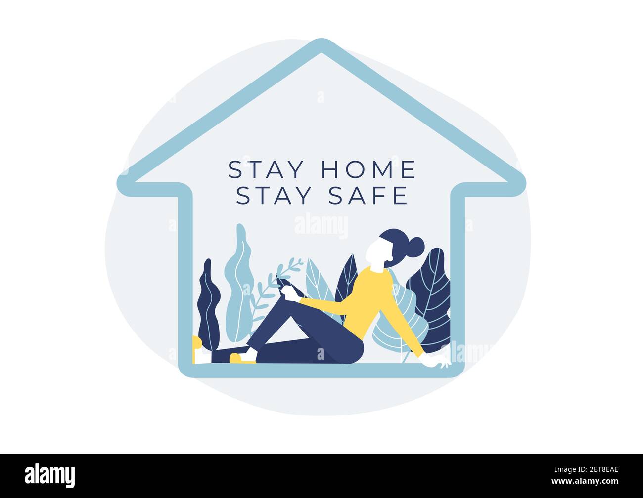 Woman sitting and relaxing inside the house. Stay home, stay safe. Stop ...