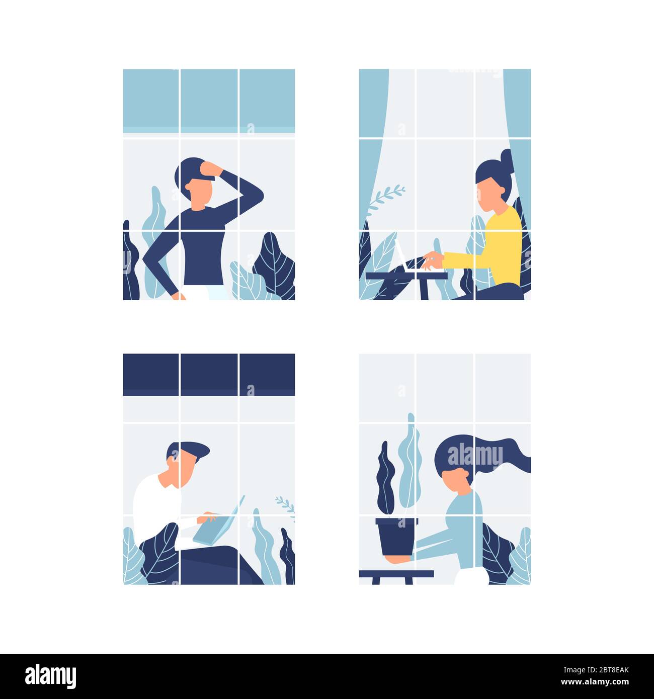 People in windows staying home due to quarantine. Work from home ...