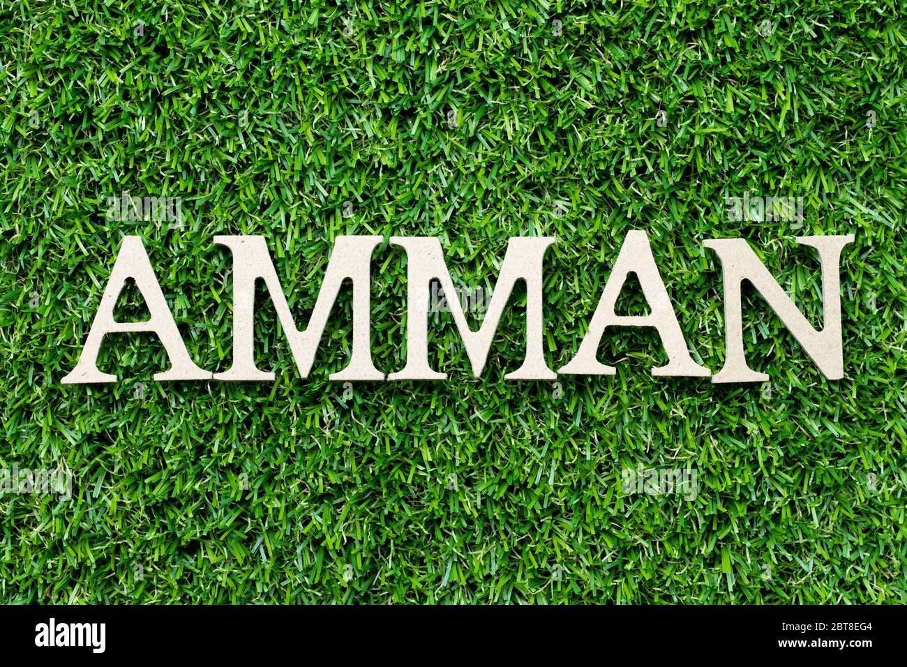 Wood alphabet letter in word Amman on green grass background Stock ...