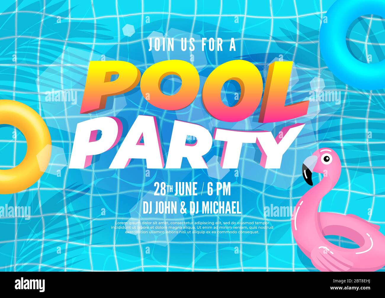 Summer pool party invitation banner. Swimming pool with palm leaves and pool floats Stock Vector ...