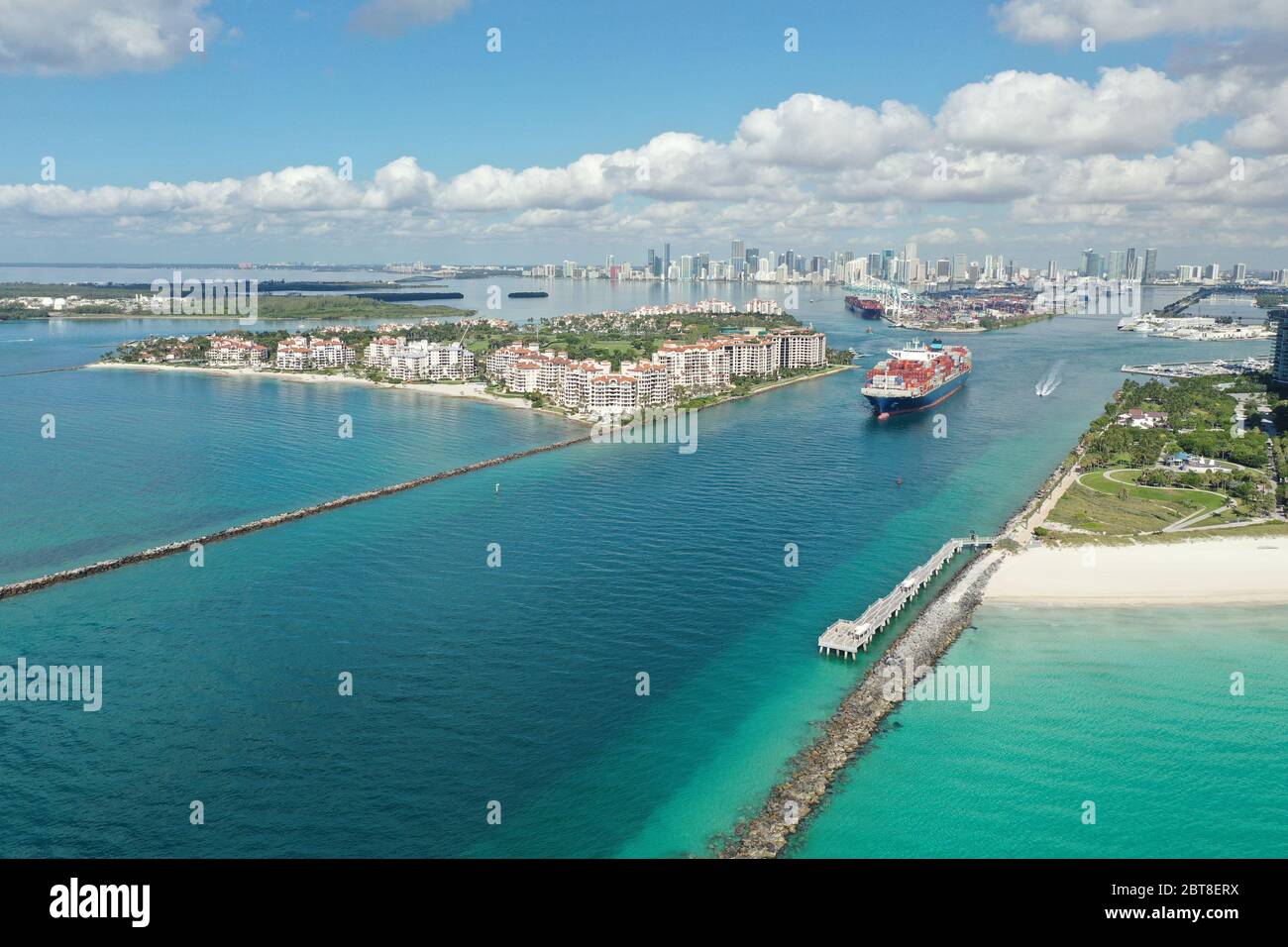 Miami Beach, Florida - May 23, 2020 - Aerial view of container ship in ...