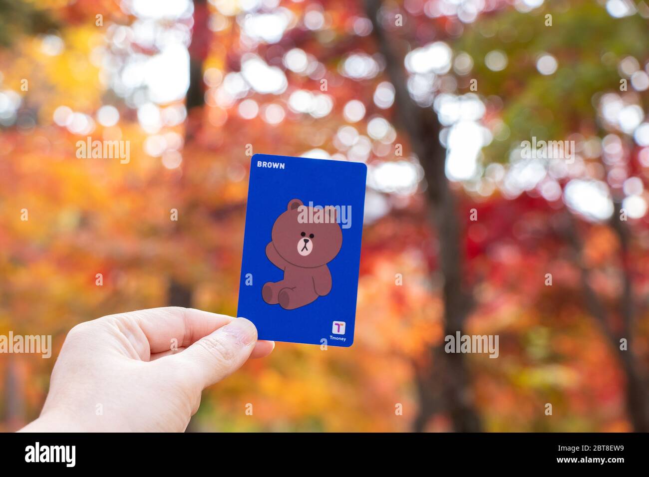 Seoul, South Korea- Oct 24, 2019 : Traveller hand hold t money card ...