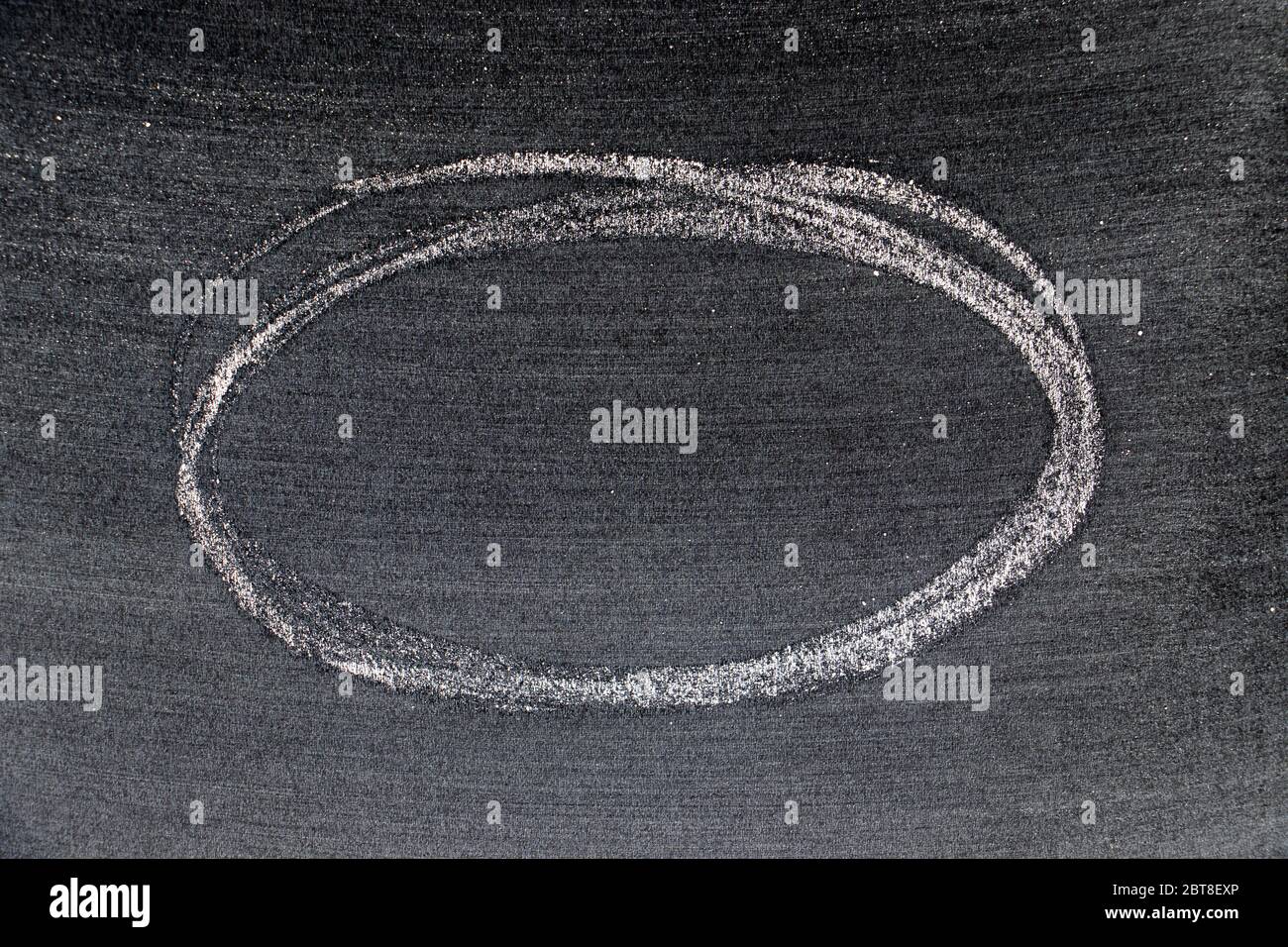 White color chalk hand drawing in circle or oval shape on black board ...
