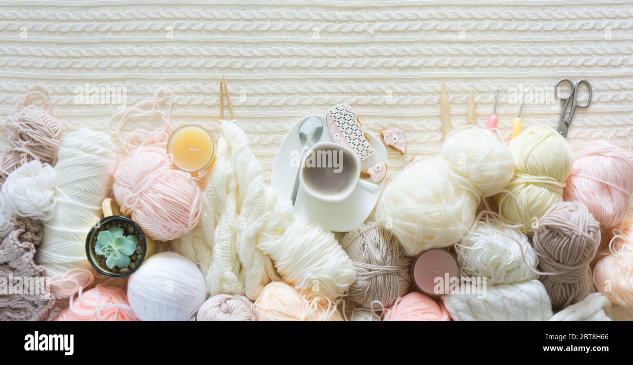 Yarn in a basket of beige and neutral, natural tones, knitting and ...