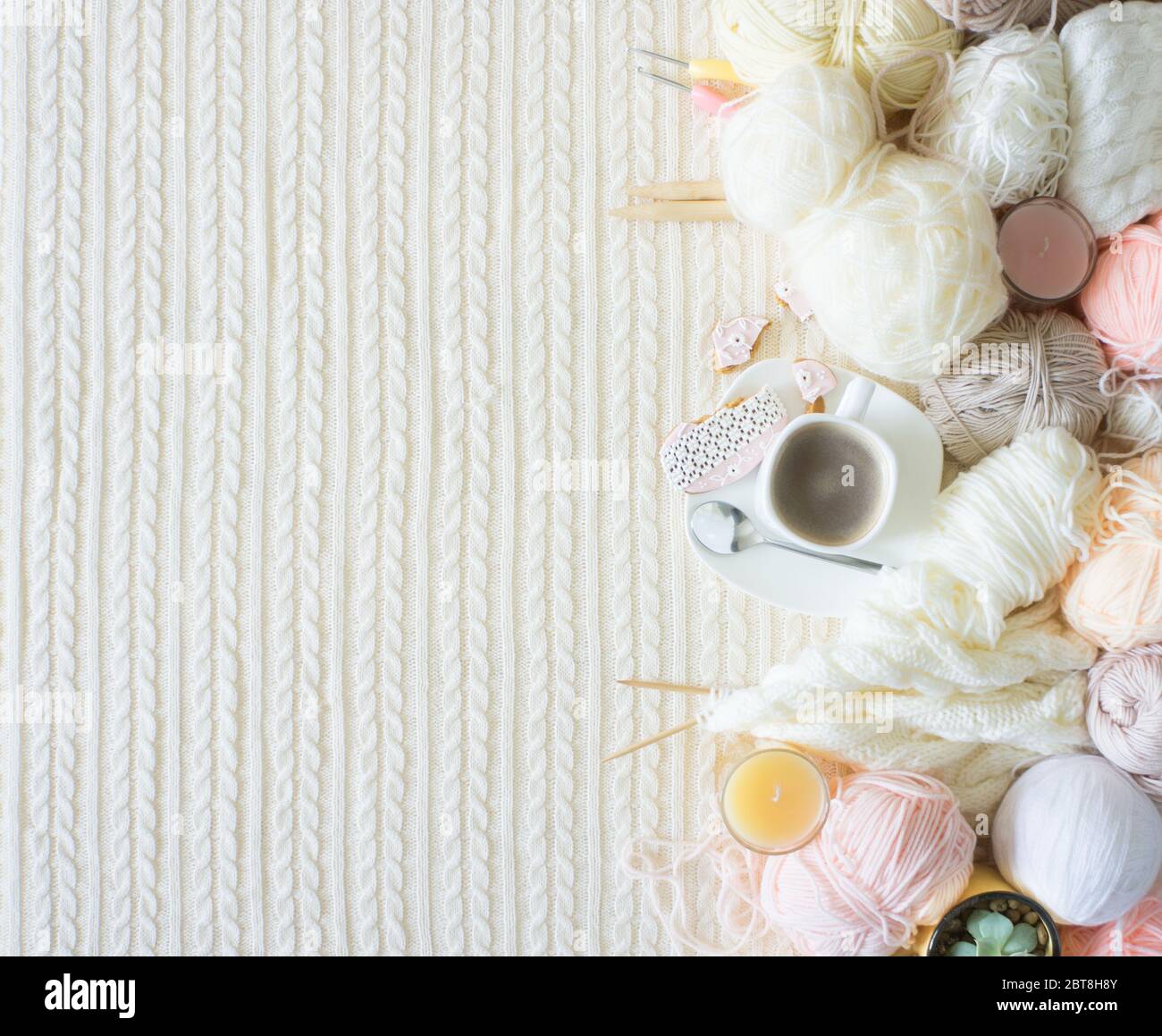 Yarn in a basket of beige and neutral, natural tones, knitting and ...