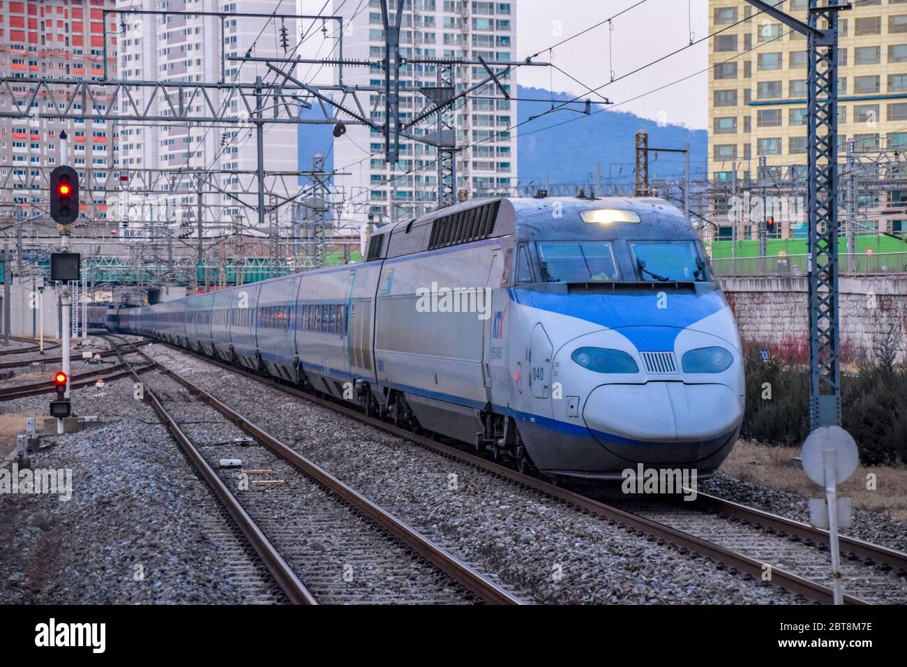 Seoul,South Korea 1/12/2020 High speed bullet trains (KTX) approaching at the Yongsan station in ...