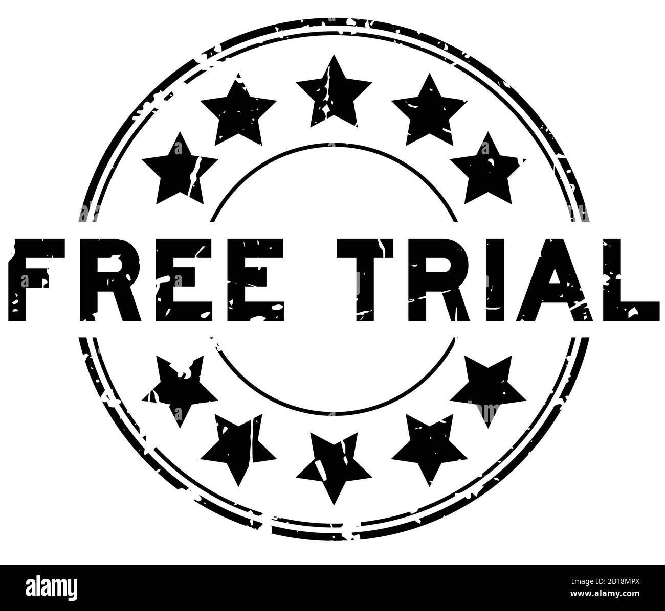 Grunge black free trial word with star icon round rubber seal stamp on ...