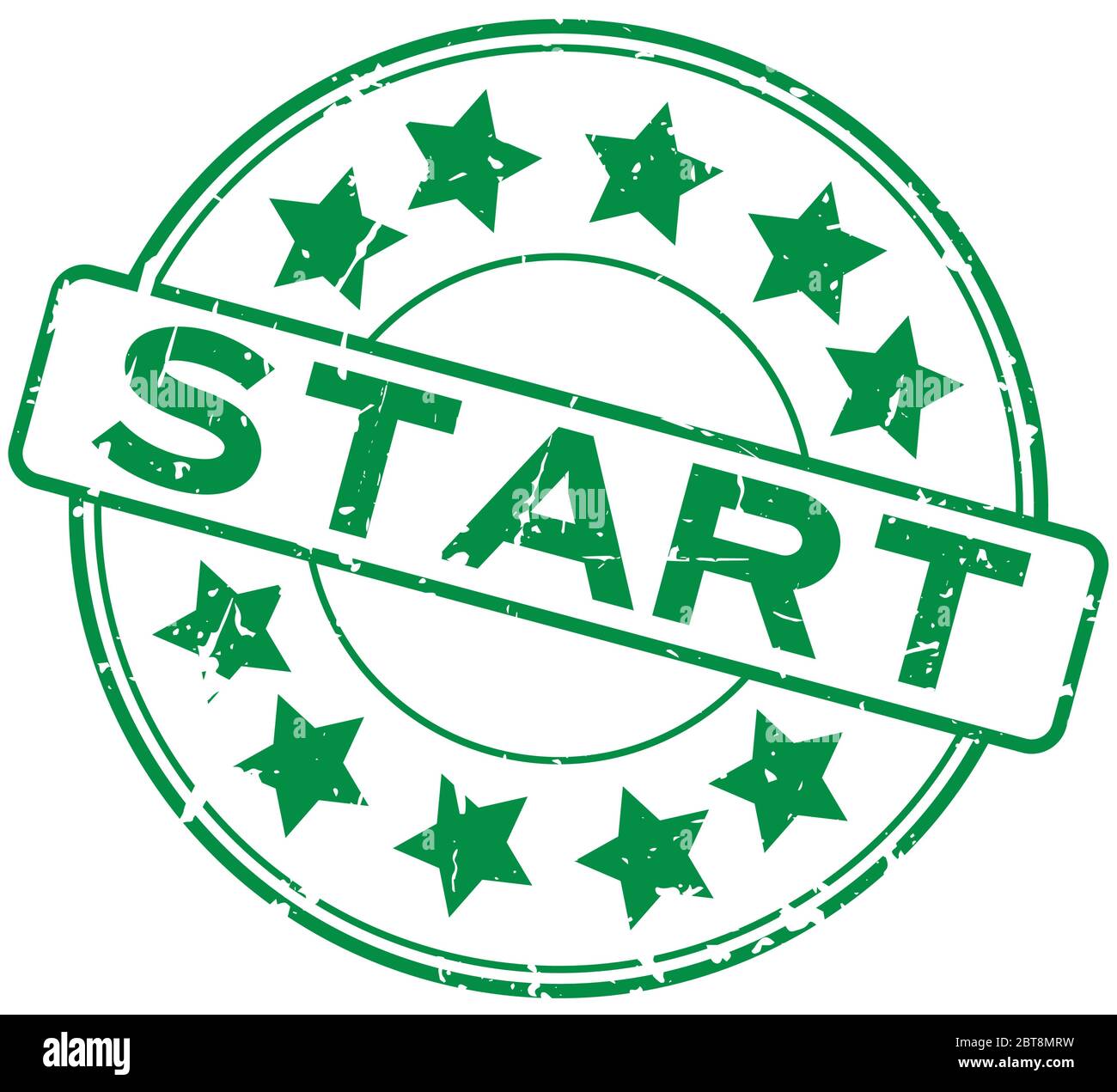 Grunge green start with star icon round rubber seal stamp on white ...