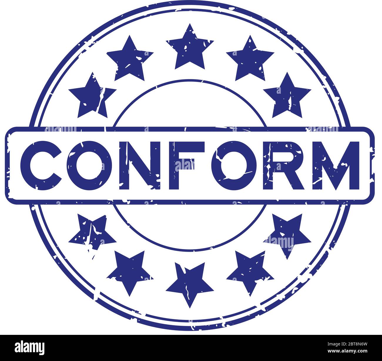 Grunge blue conform with star icon round rubber seal stamp on white ...