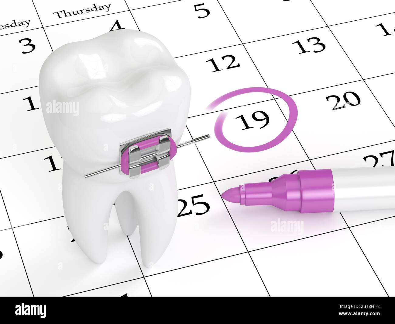 3d render of tooth with orthodontic braces standing on calendar Stock ...
