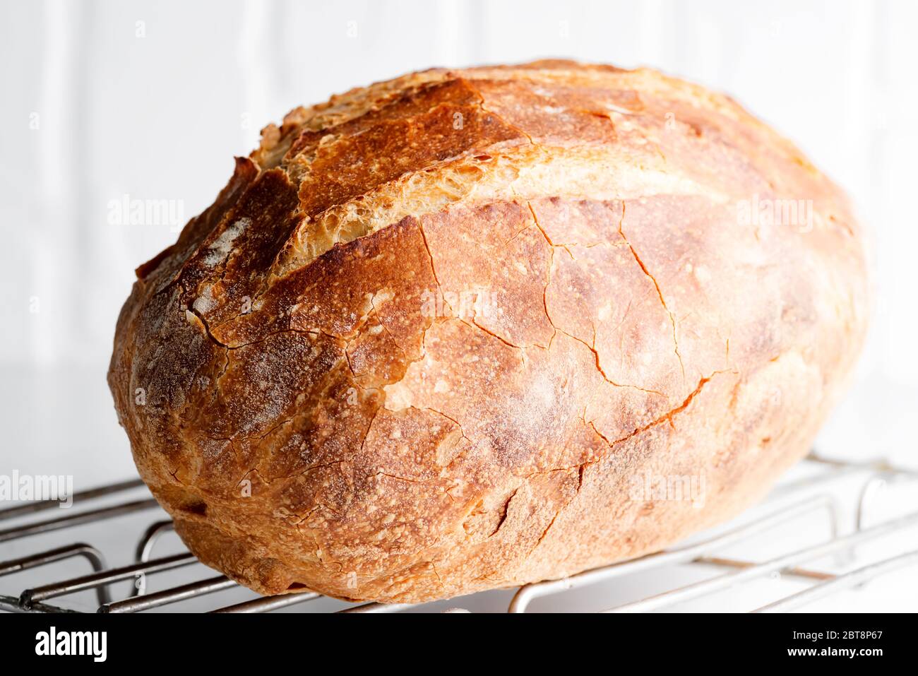 Health homemade freshly baked loaf of crunchy bread on a light grey ...