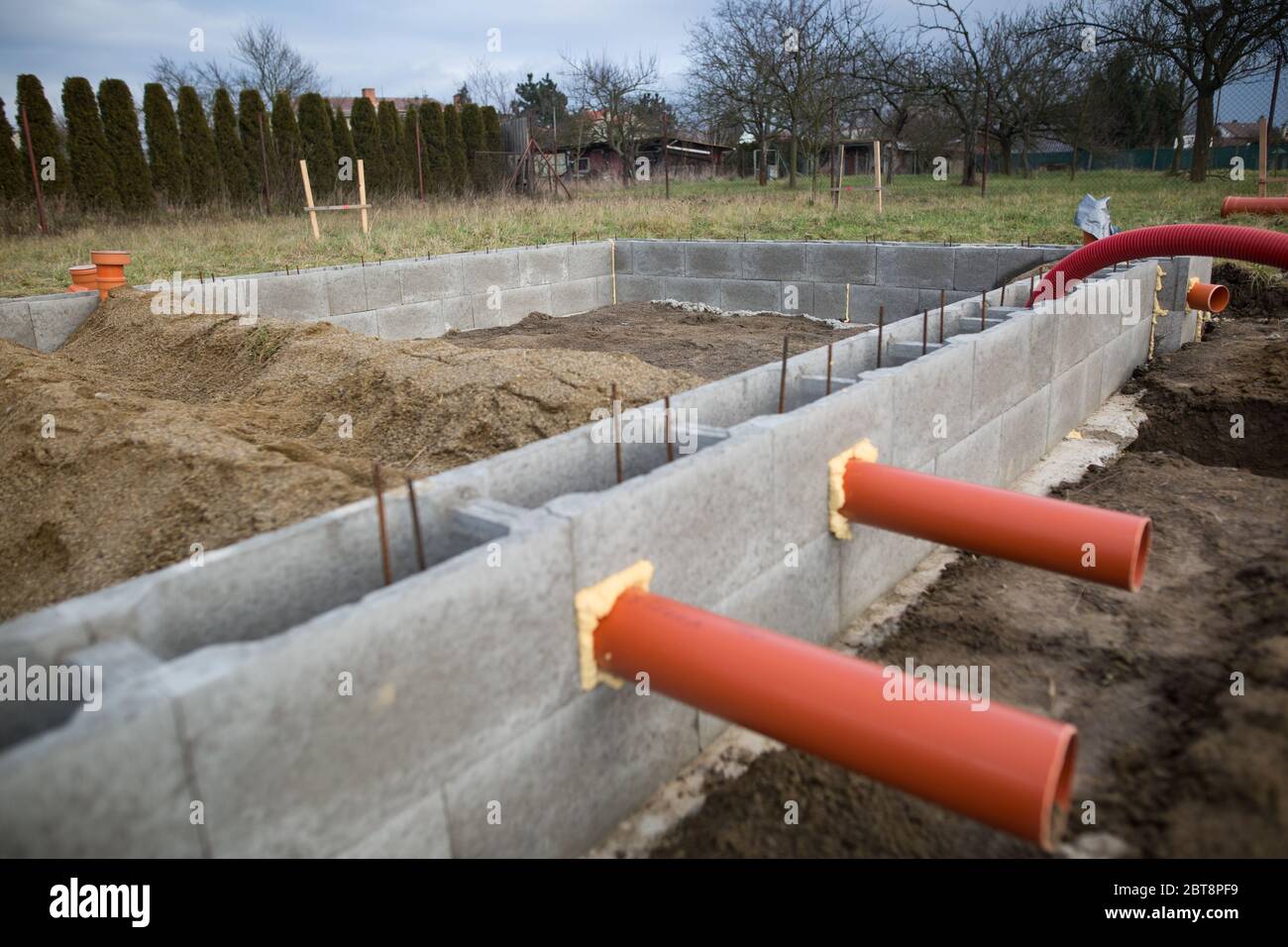 Foundations of the house, unfinished bungalow, rough construction ...