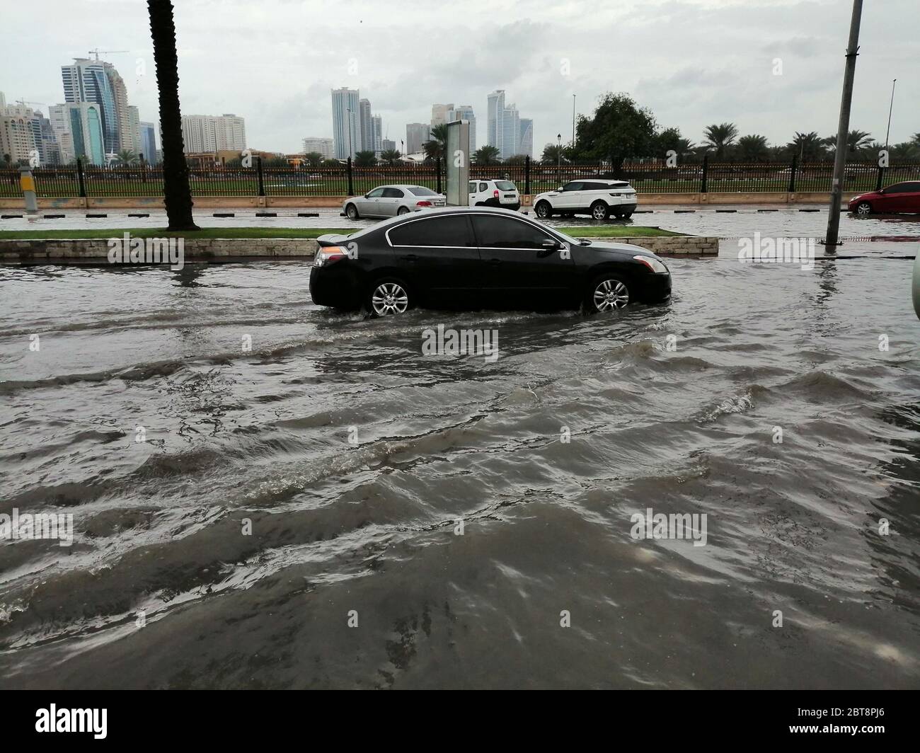 Flooded street in Sharjah city, United Arab Emirates, after the highest ...