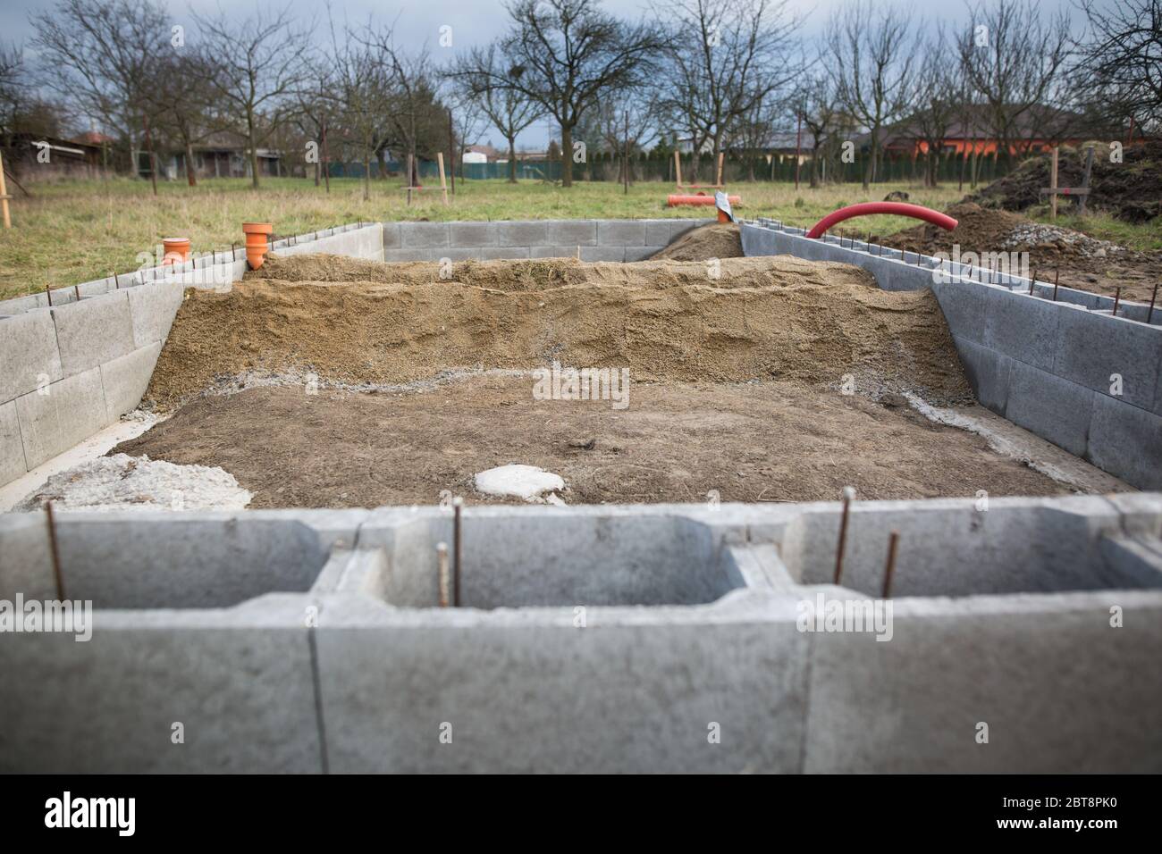 Foundations of the house, unfinished bungalow, rough construction ...