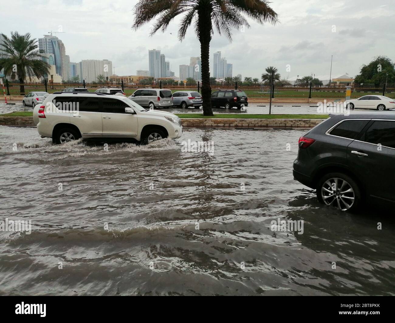 Flooded street in Sharjah city, United Arab Emirates, after the highest ...