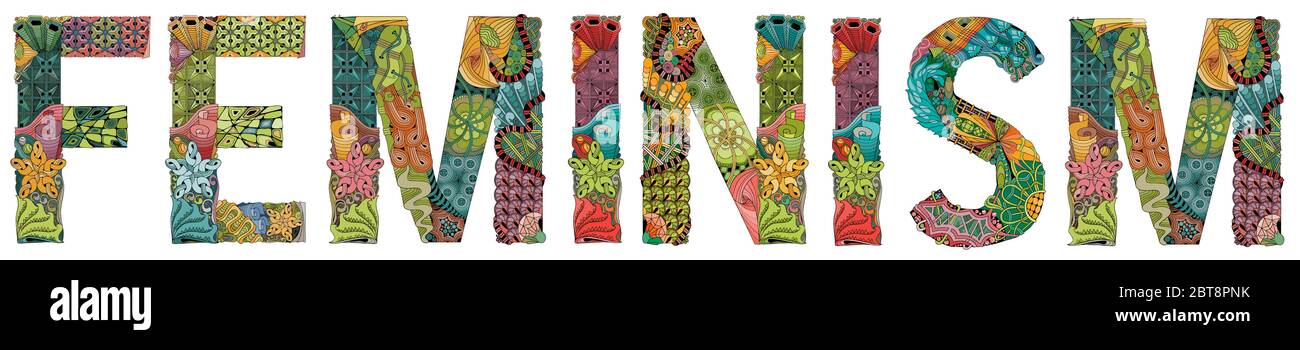 Hand-painted art design. Hand drawn illustration word FEMINISM for t ...