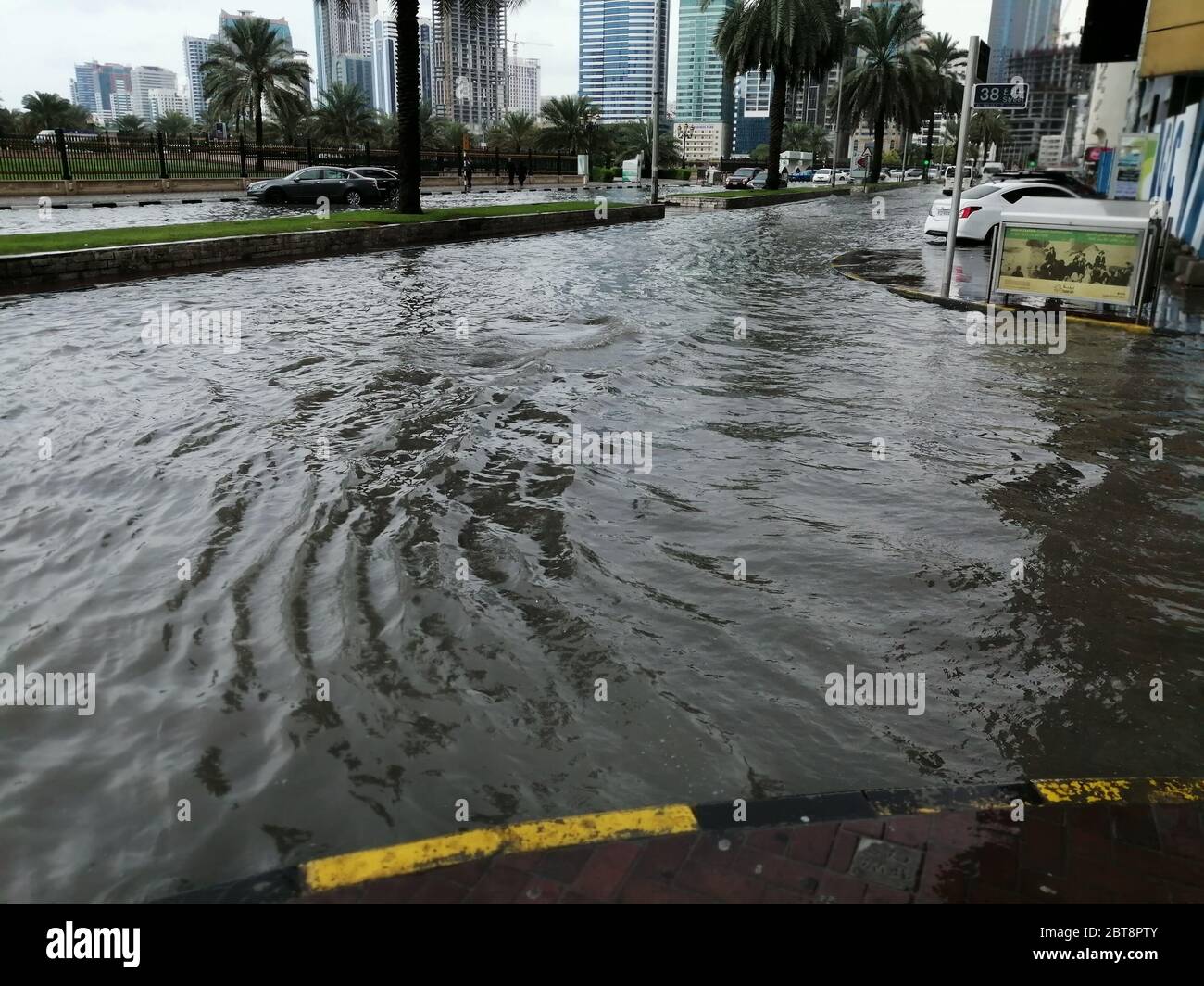 Flooded street in Sharjah city, United Arab Emirates, after the highest ...