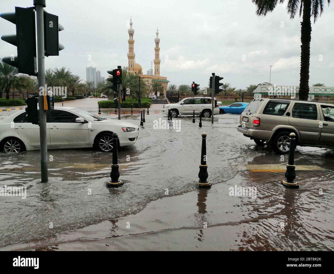 Flooded street in Sharjah city, United Arab Emirates, after the highest ...