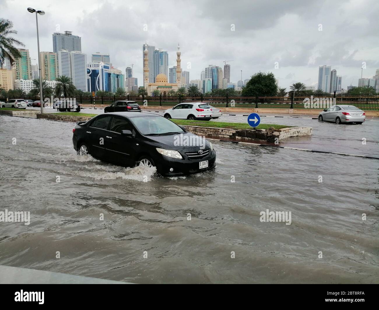 Flooded street in Sharjah city, United Arab Emirates, after the highest ...