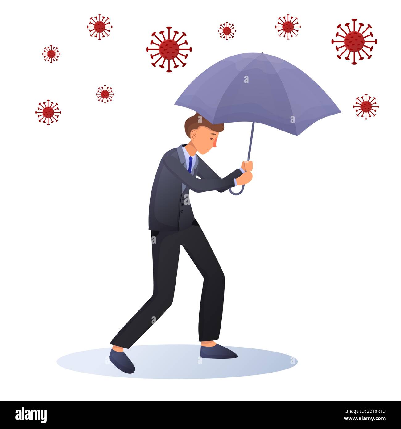 Scared bussinessman under umbrella protection around viruses. Male ...