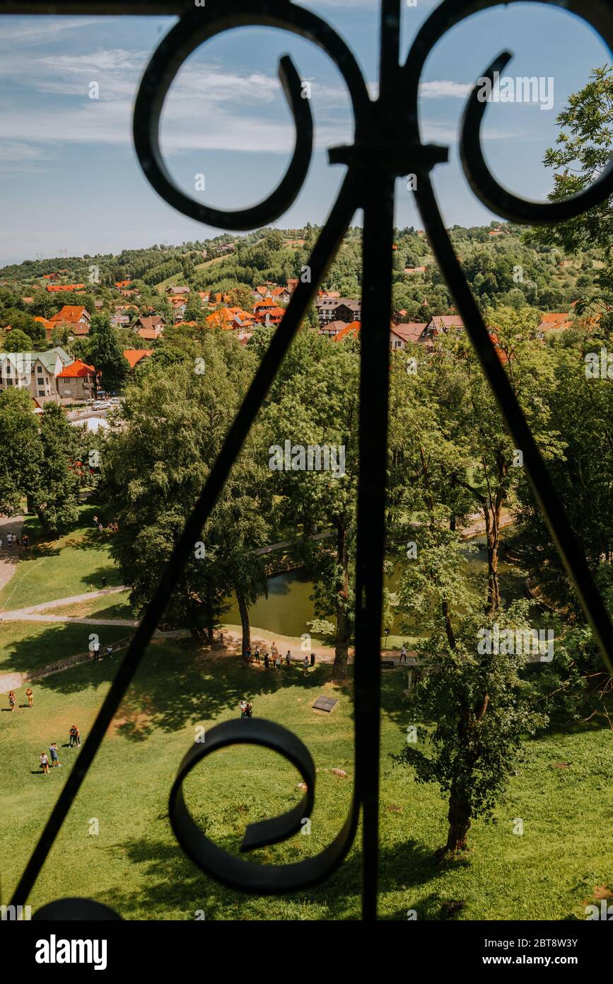 Aerial top panoramic view of historical centre medieval town in Europe ...