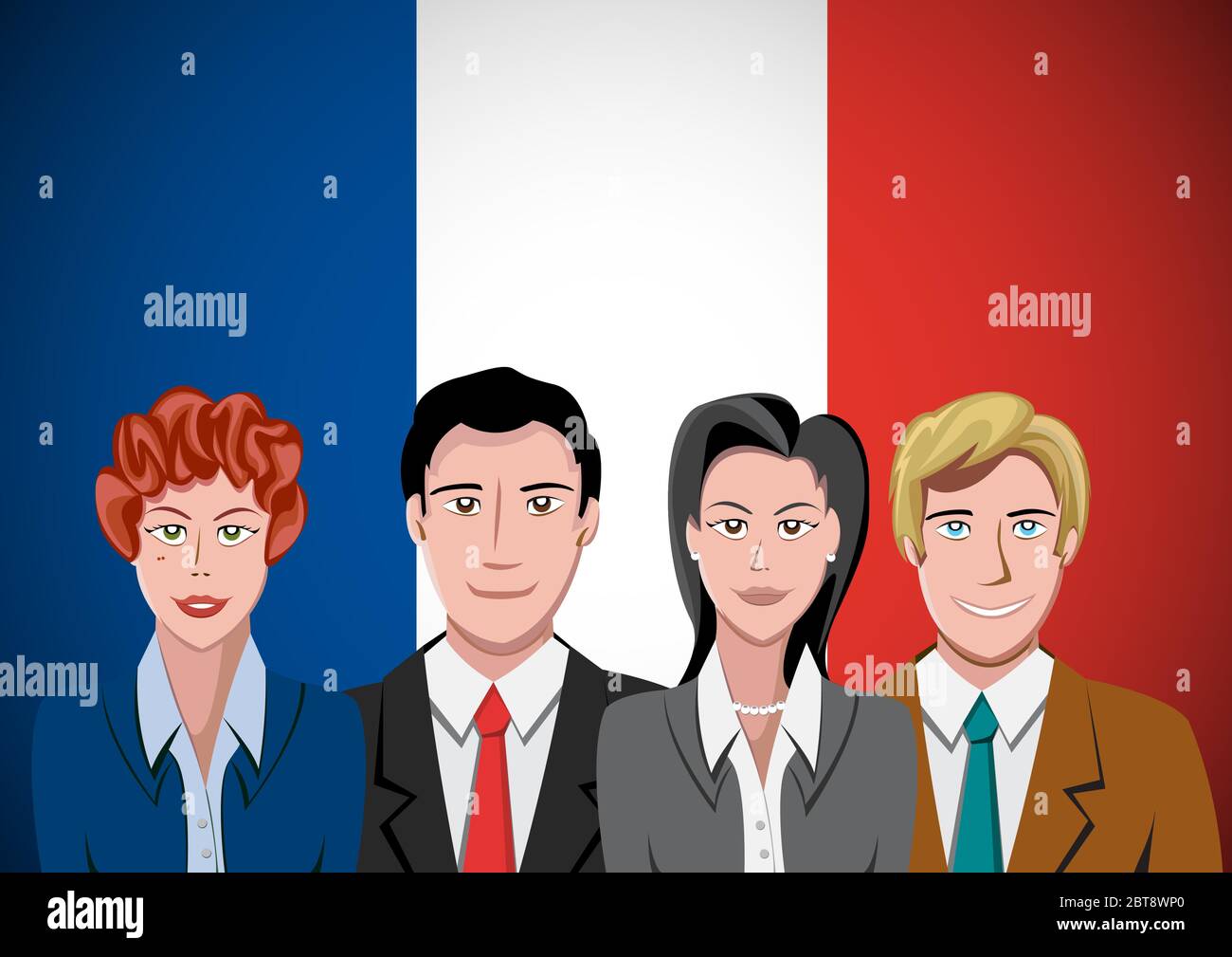 French people, ahead of the flag. Portrait of teamwork in flat design ...