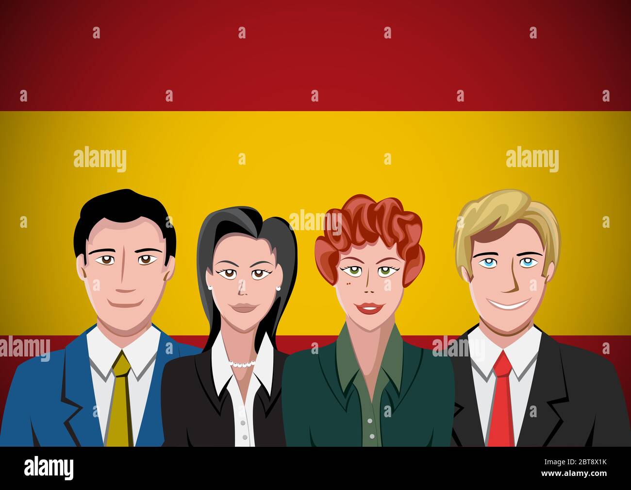 Spanish people, ahead of the flag. Portrait of teamwork in flat design ...