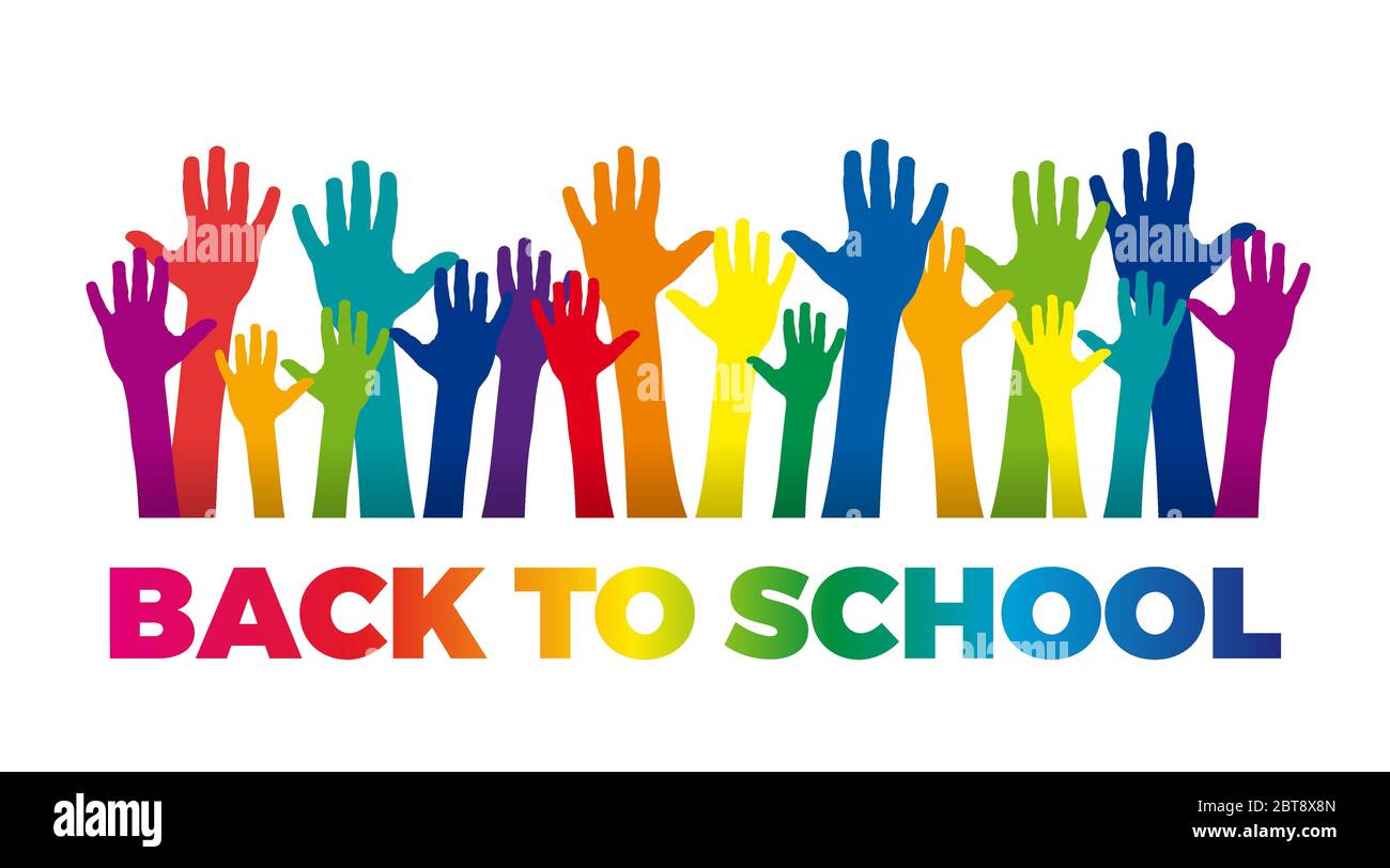The word back to school and hands, with people who say hello. Vector ...