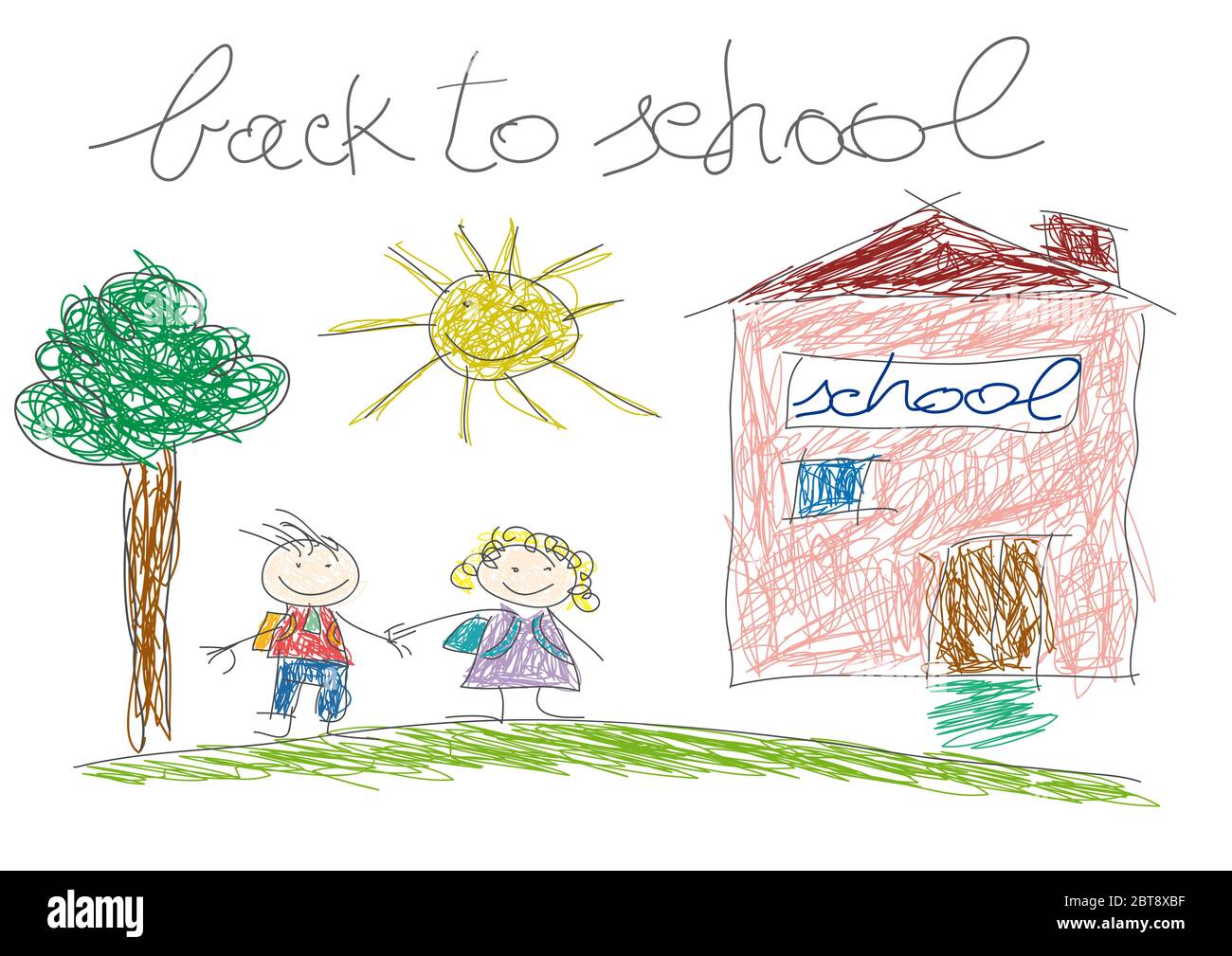 Back to school. Children in front of the school. Vector drawing made by ...