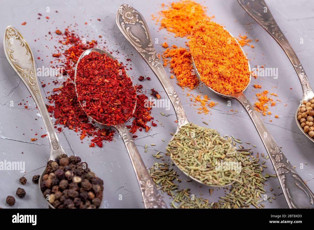 Dry spices of different colors in teaspoons. Top view Stock Photo - Alamy